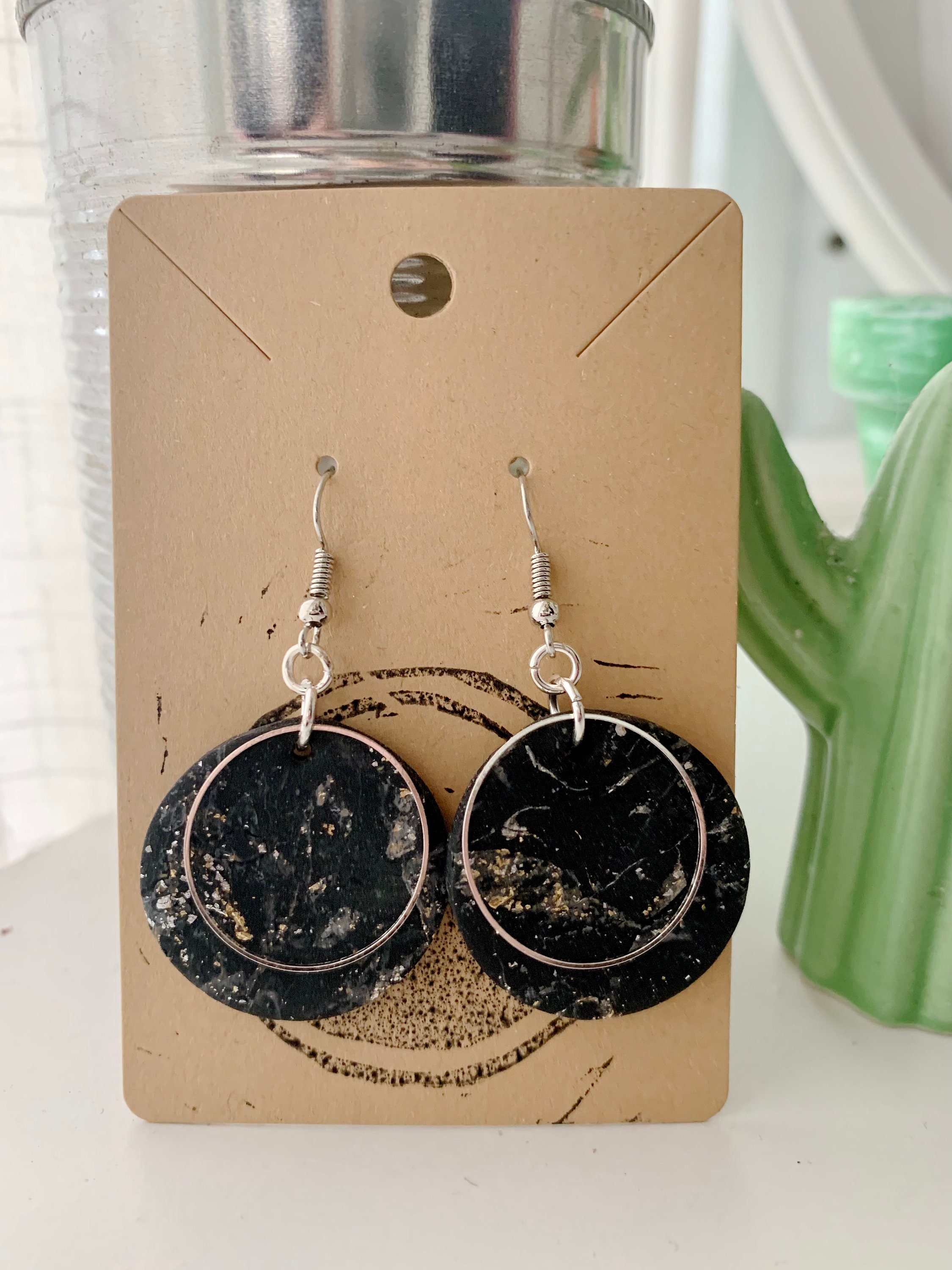 Black Marble Clay Earrings With Gold and Silver Accents - Etsy