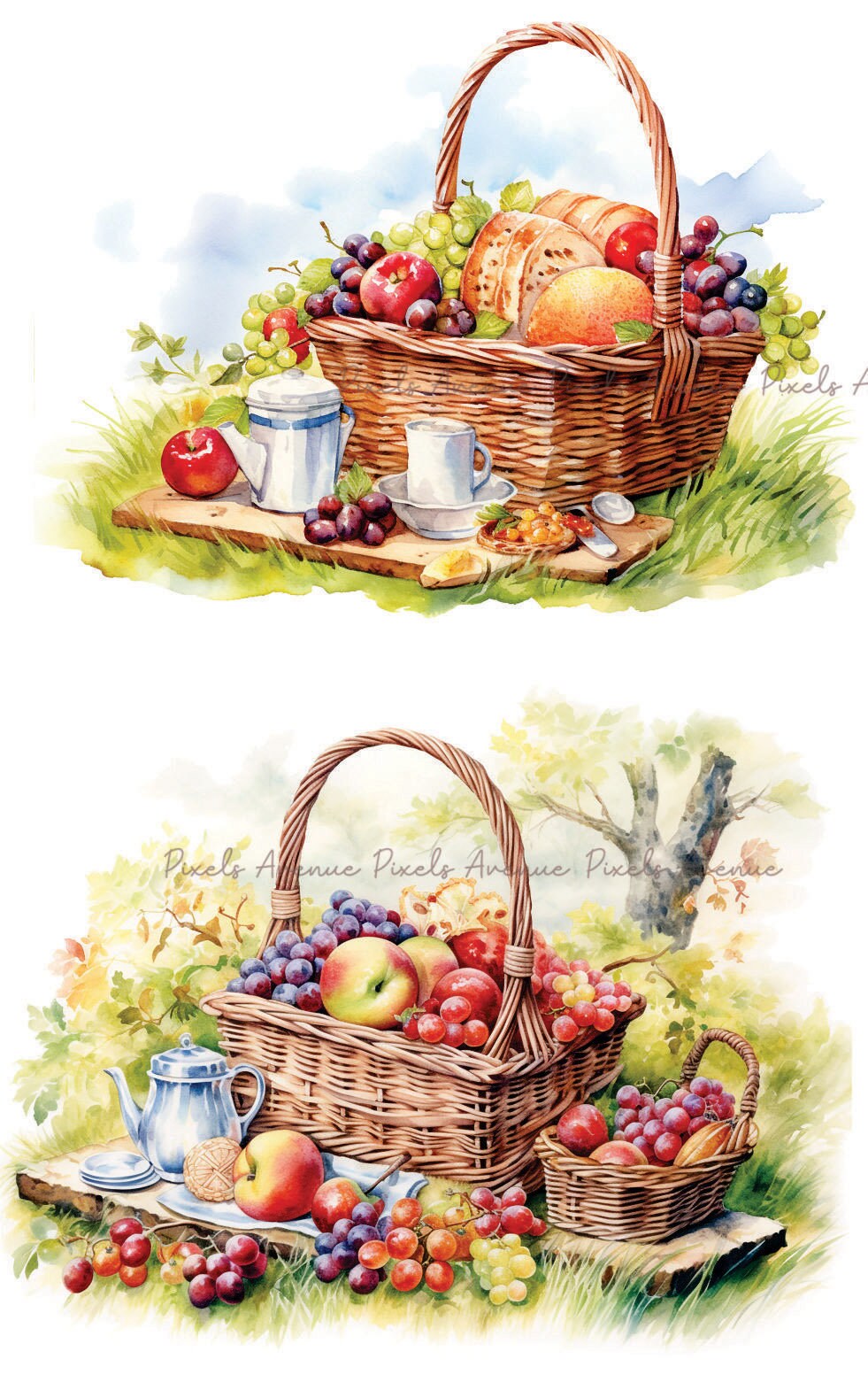 Picnic Basket Clipart, JPG Watercolor Clipart, Vintage Picnic for Junk ...