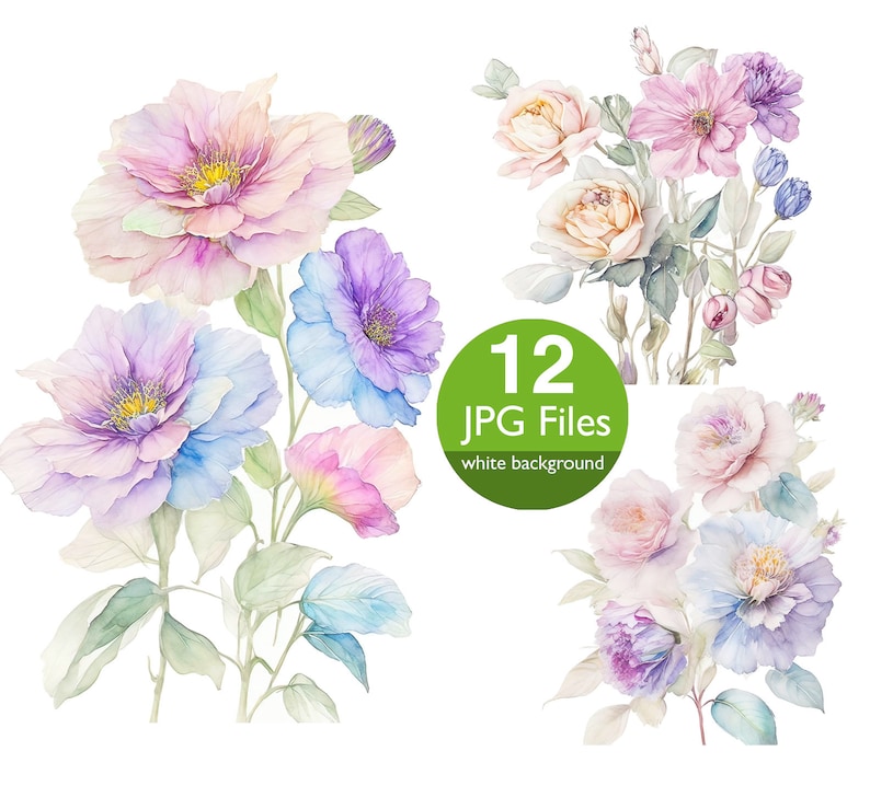 Pastel Floral Clip Art JPG Elements, Pastels Flower Bouquet Watercolor ...