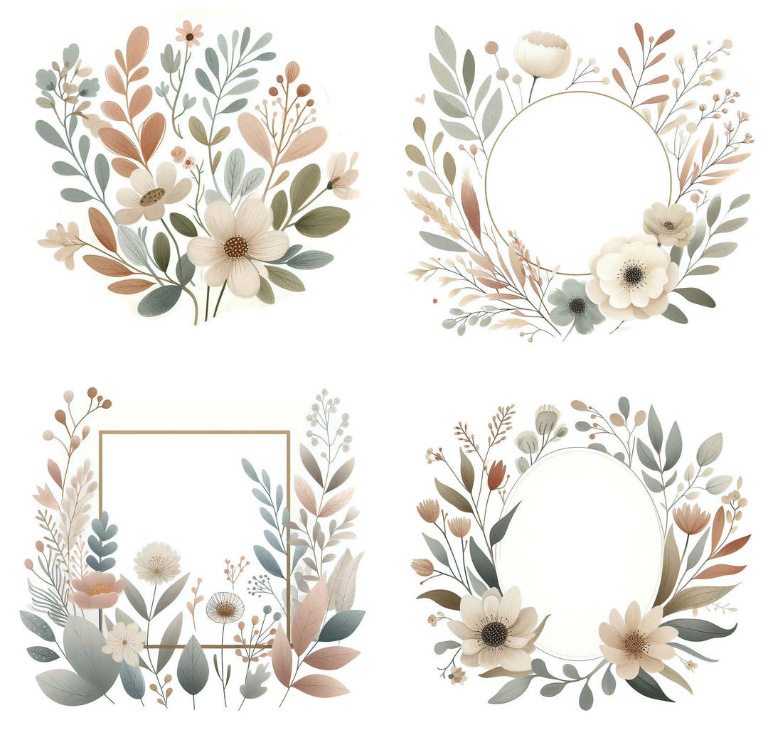 Boho Floral Frames Clip Art, JPG Frames and Borders Clipart, Neutral ...