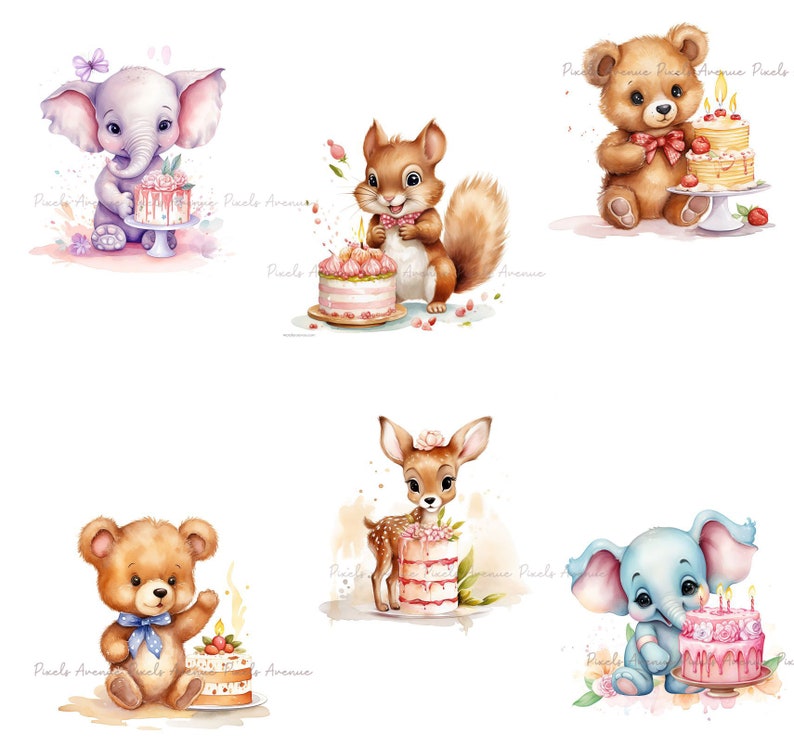 Cute Animals Birthday Clip Art JPG Watercolor Baby Animals - Etsy