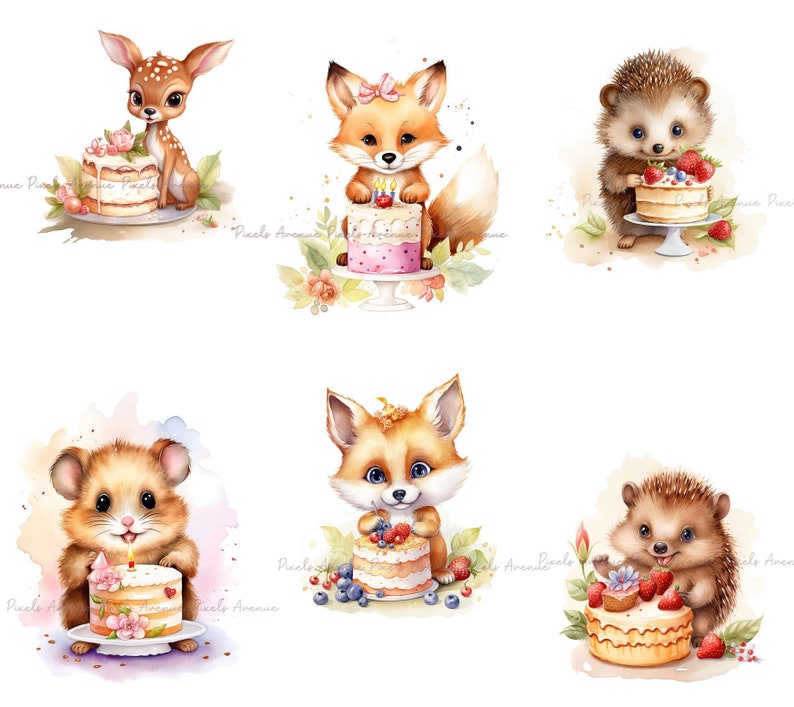 Cute Animals Birthday Clip Art JPG Watercolor Baby Animals - Etsy
