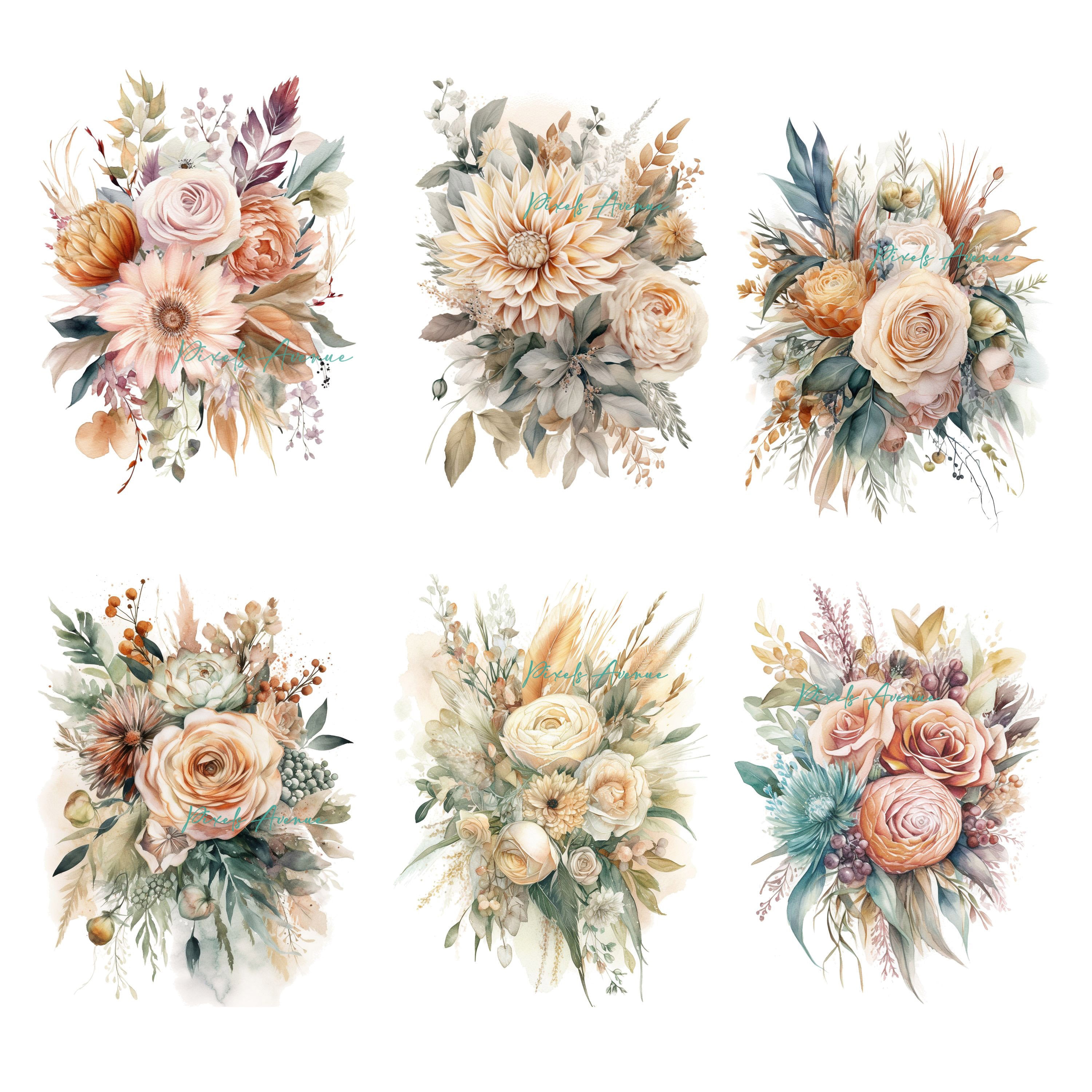 Boho Bouquet Clip Art JPG Boho Wedding Flowers Watercolor - Etsy