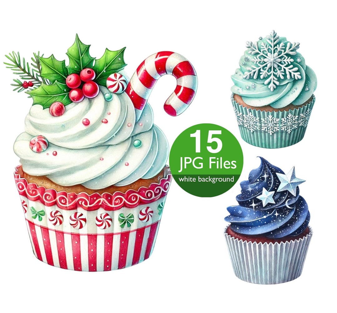 Christmas Cupcake Clip Art, JPG Holiday Cupcake Illustration, Clipart ...