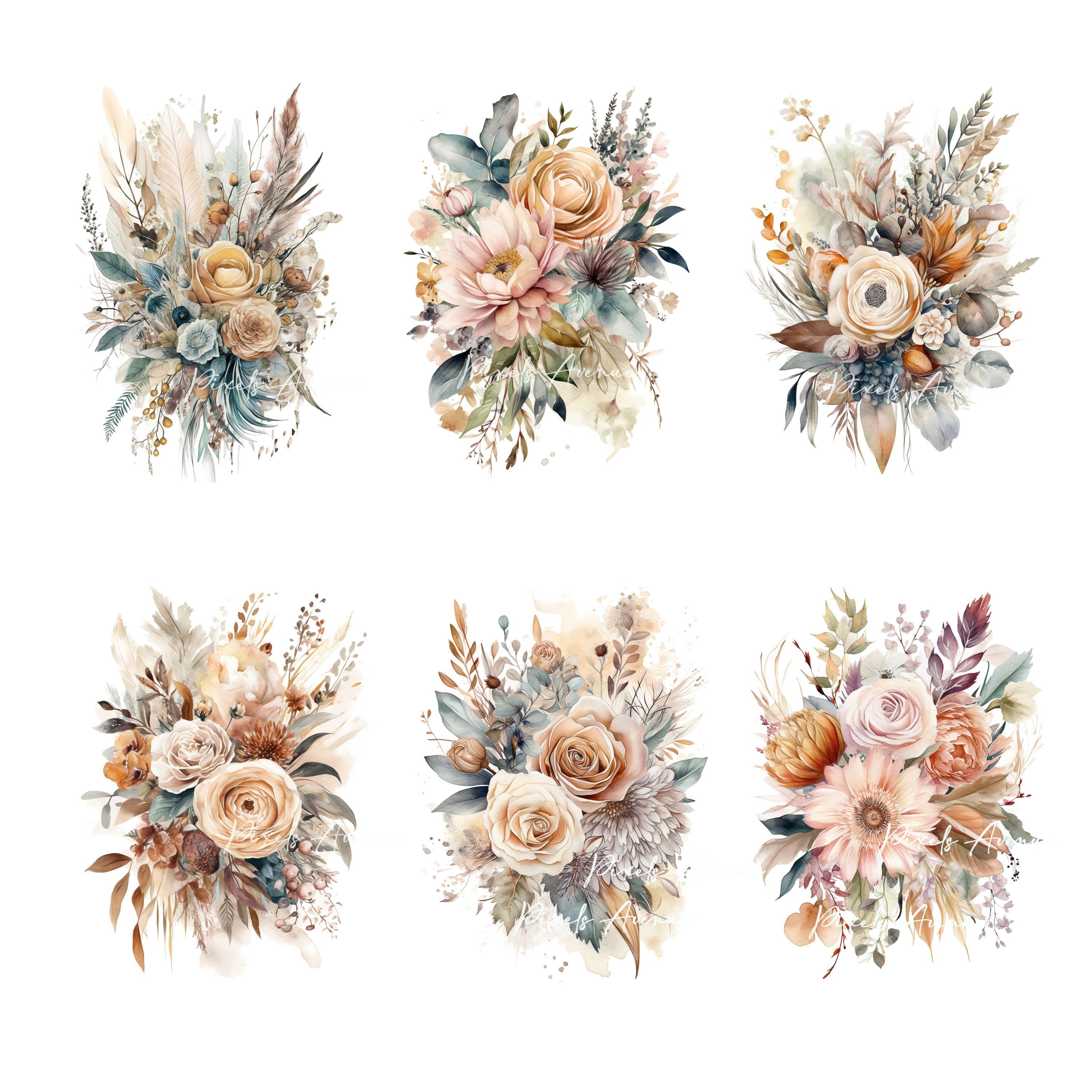 Boho Bouquet Clip Art JPG Boho Wedding Flowers Watercolor - Etsy