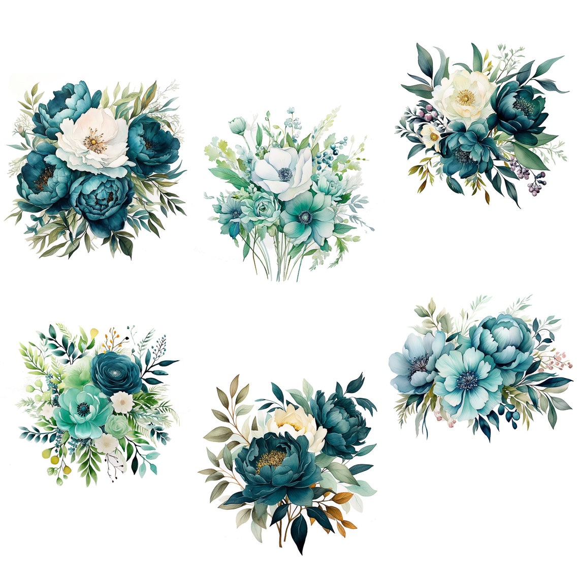 Teal Floral Clip Art JPG Blue Roses Green Flower Watercolor - Etsy