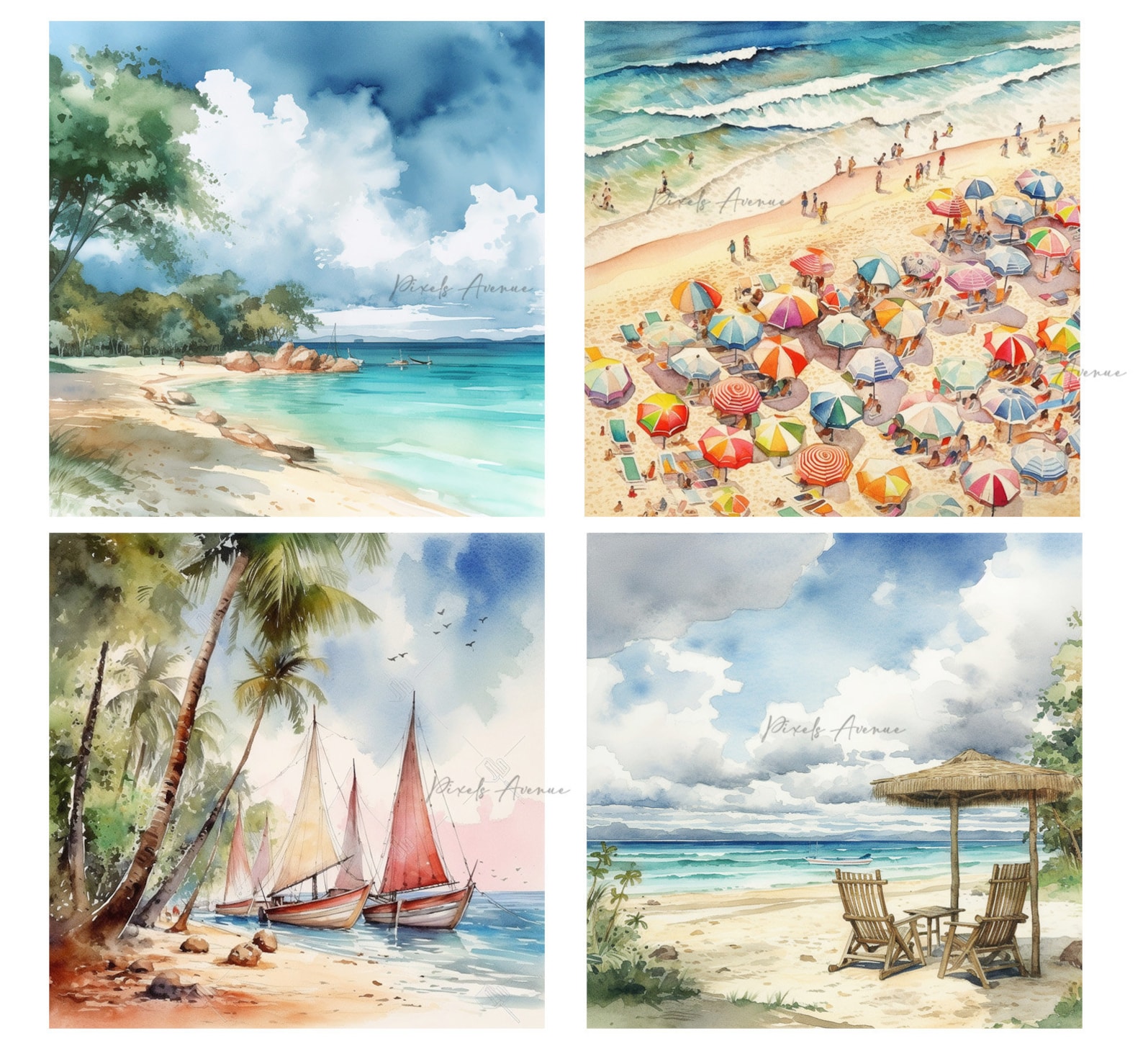Beach Scenes Clip Art: Watercolor Seaside Designs (JPG Digital Paper ...