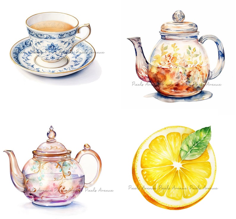 Tea Time Clip Art JPG Tea Cup Watercolor Clipartplanner - Etsy