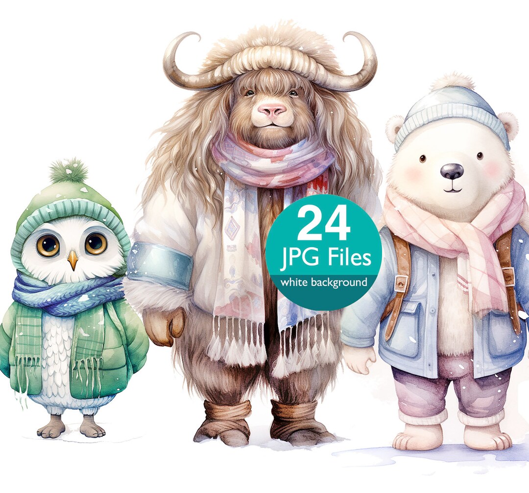 Cute Animals in Winter Clothes Clip Art, JPG Watercolor Winter Animals ...
