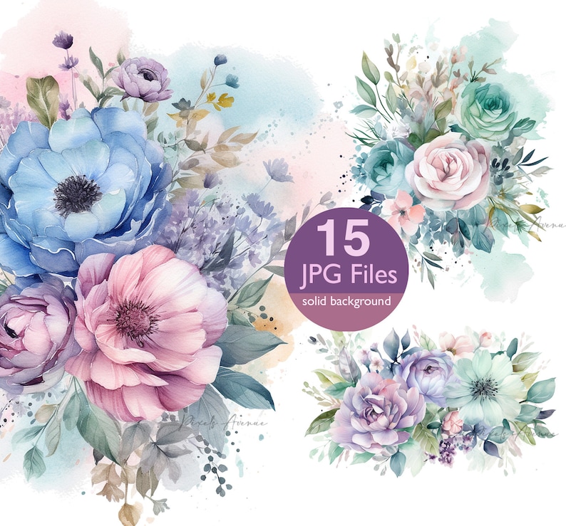 Pastel Floral Clip Art JPG Elements, Pastels Flower Bouquet Watercolor ...