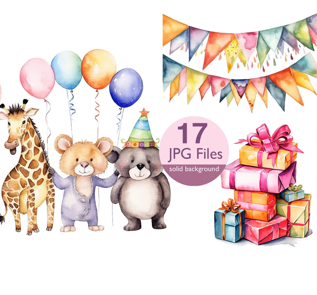Watercolor Birthday Clip Art: Animals, Cake, Balloons (JPG Files) - Etsy
