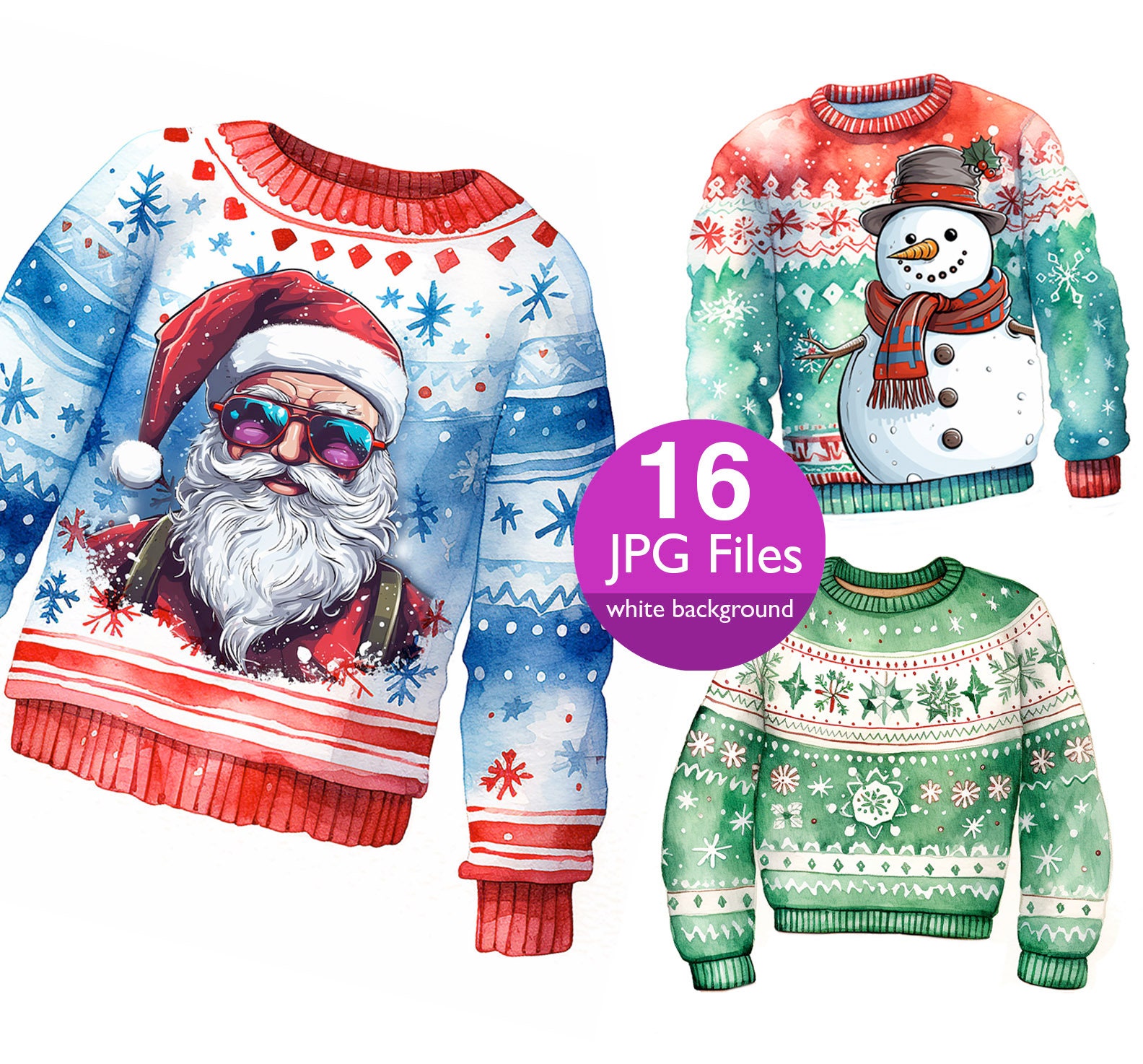 Ugly Sweater Clip Art, JPG Christmas Sweater Illustrations, Watercolor ...