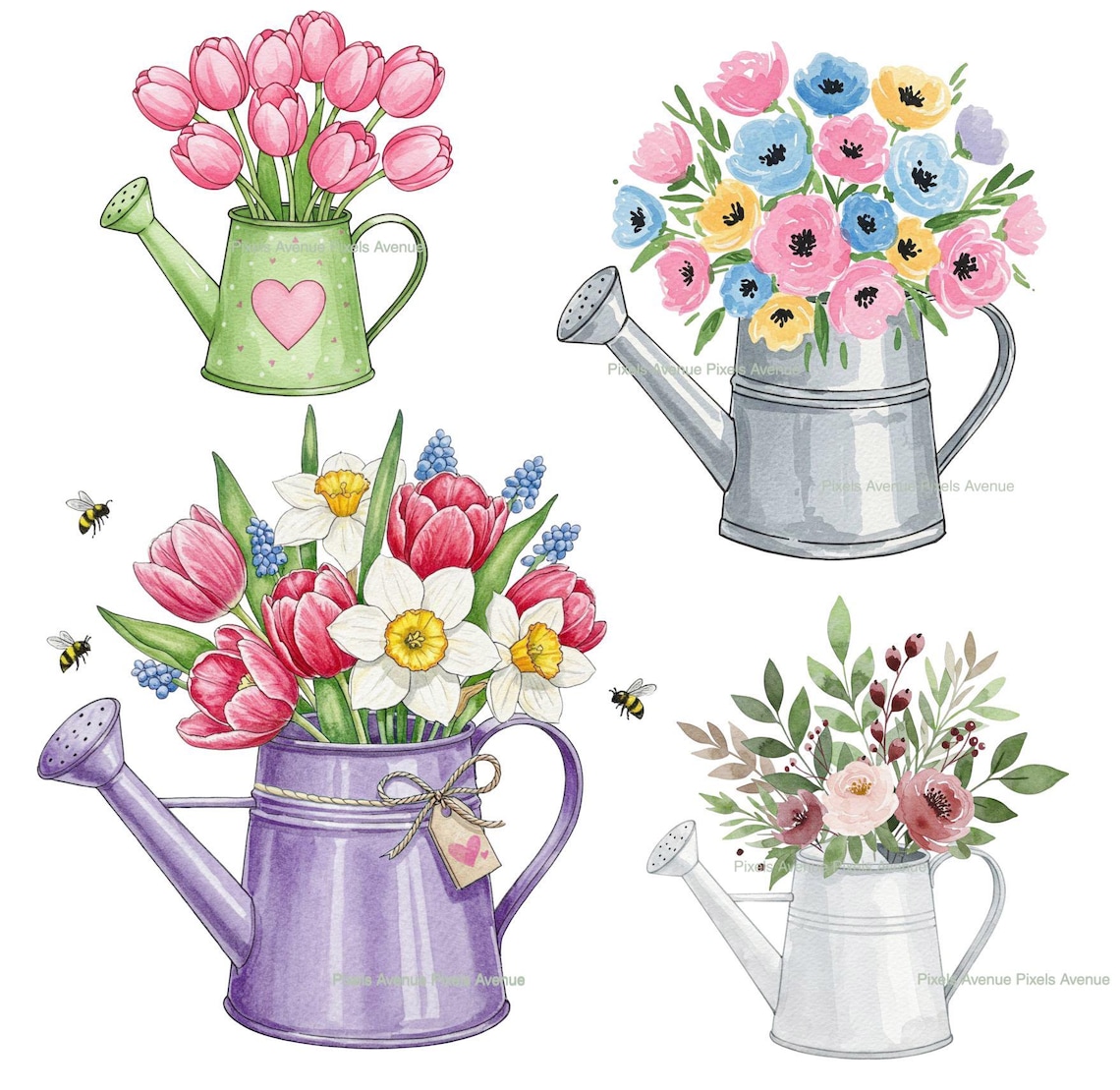Watercolor Gardening Clipart: Spring Flowers, Garden Tools (PNG Files ...