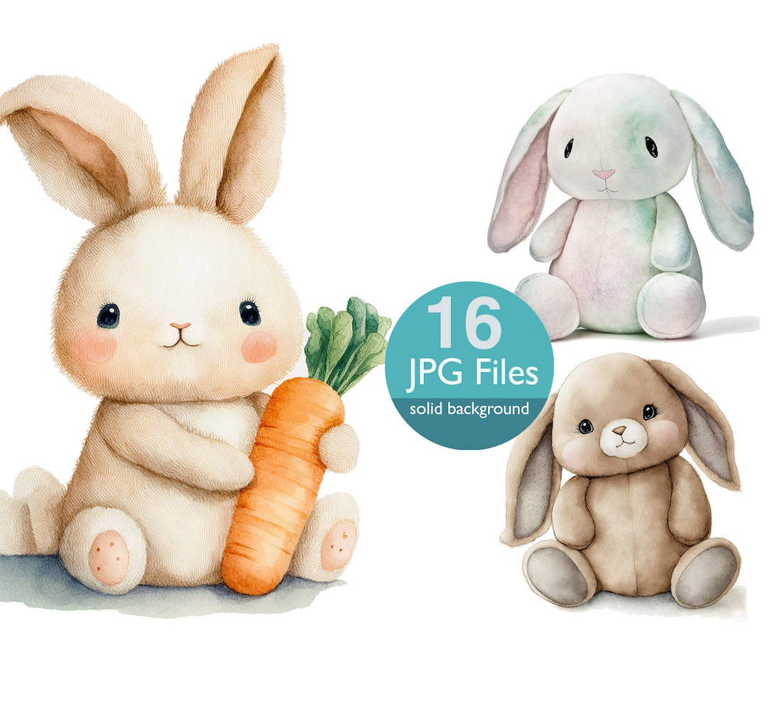 15 Bunny Rabbit Clip Art, JPG Watercolor, Stuffed Toy Animal Clipart ...