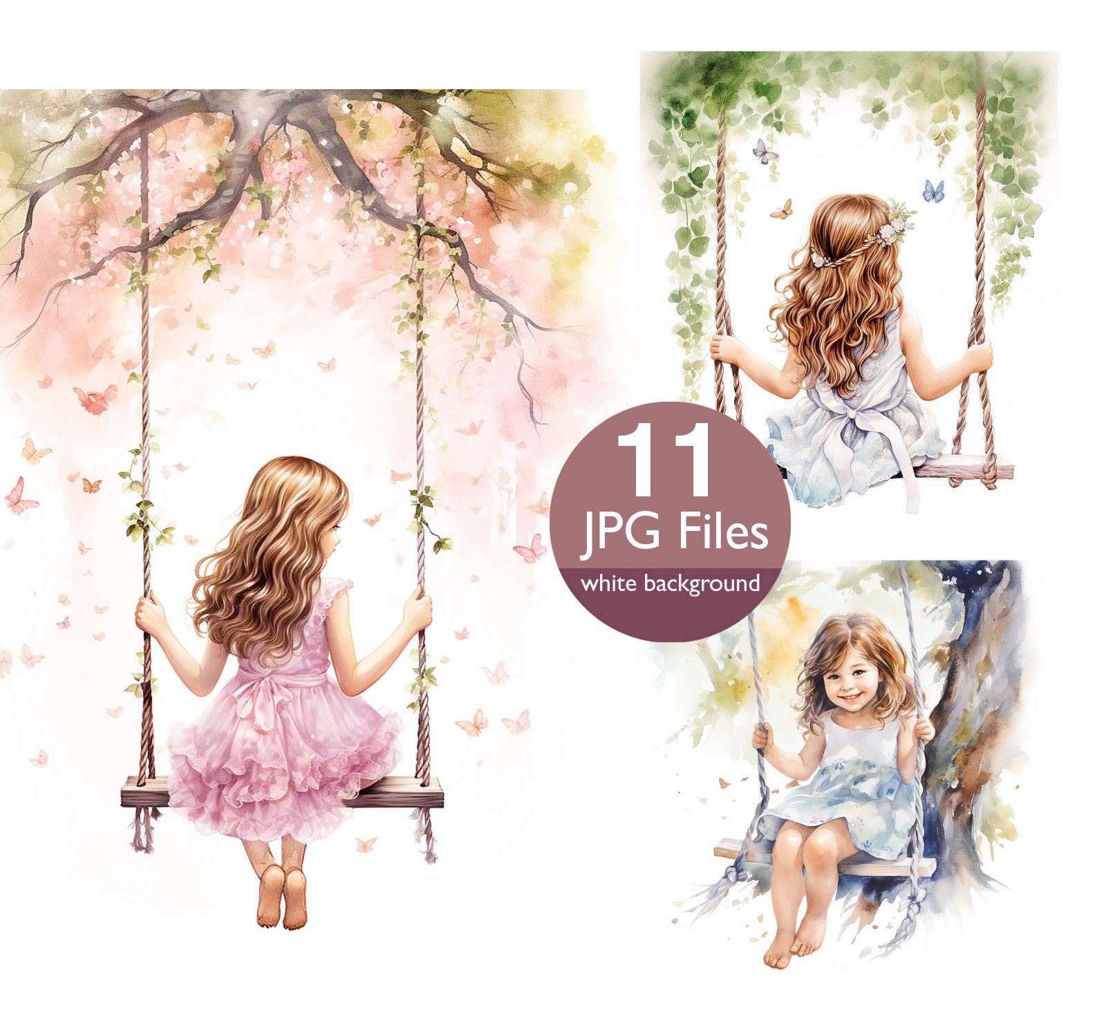 Girl on Swing Clip Art, JPG Tree With Whimsical Swing Watercolor ...
