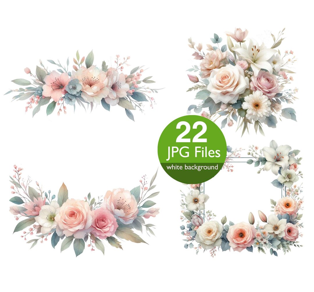 Peach Roses Floral Clip Art, JPG Blush Flower Bouquet Watercolor ...