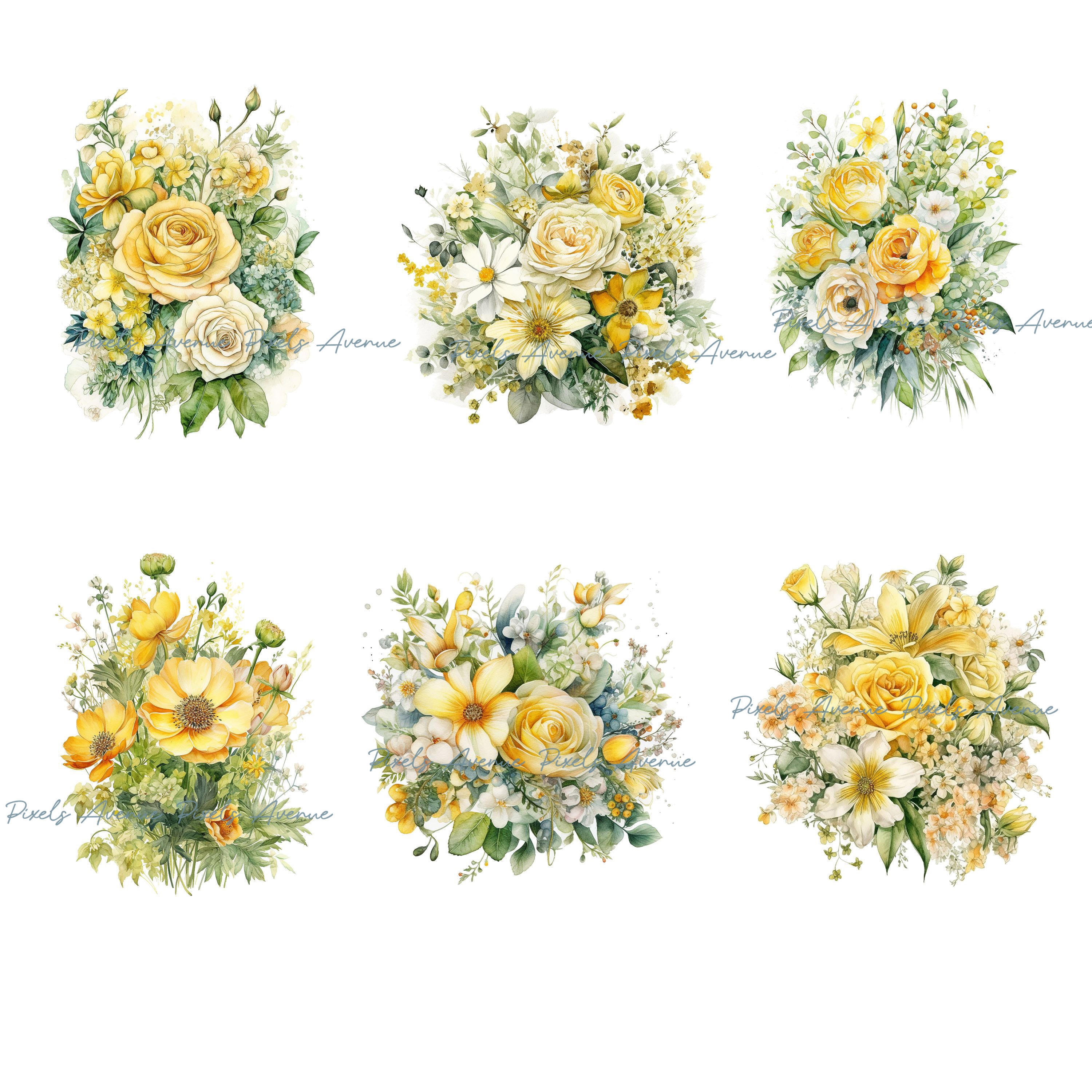 Yellow Floral Clip Art JPG Flower Bouquet Watercolor Clipart - Etsy