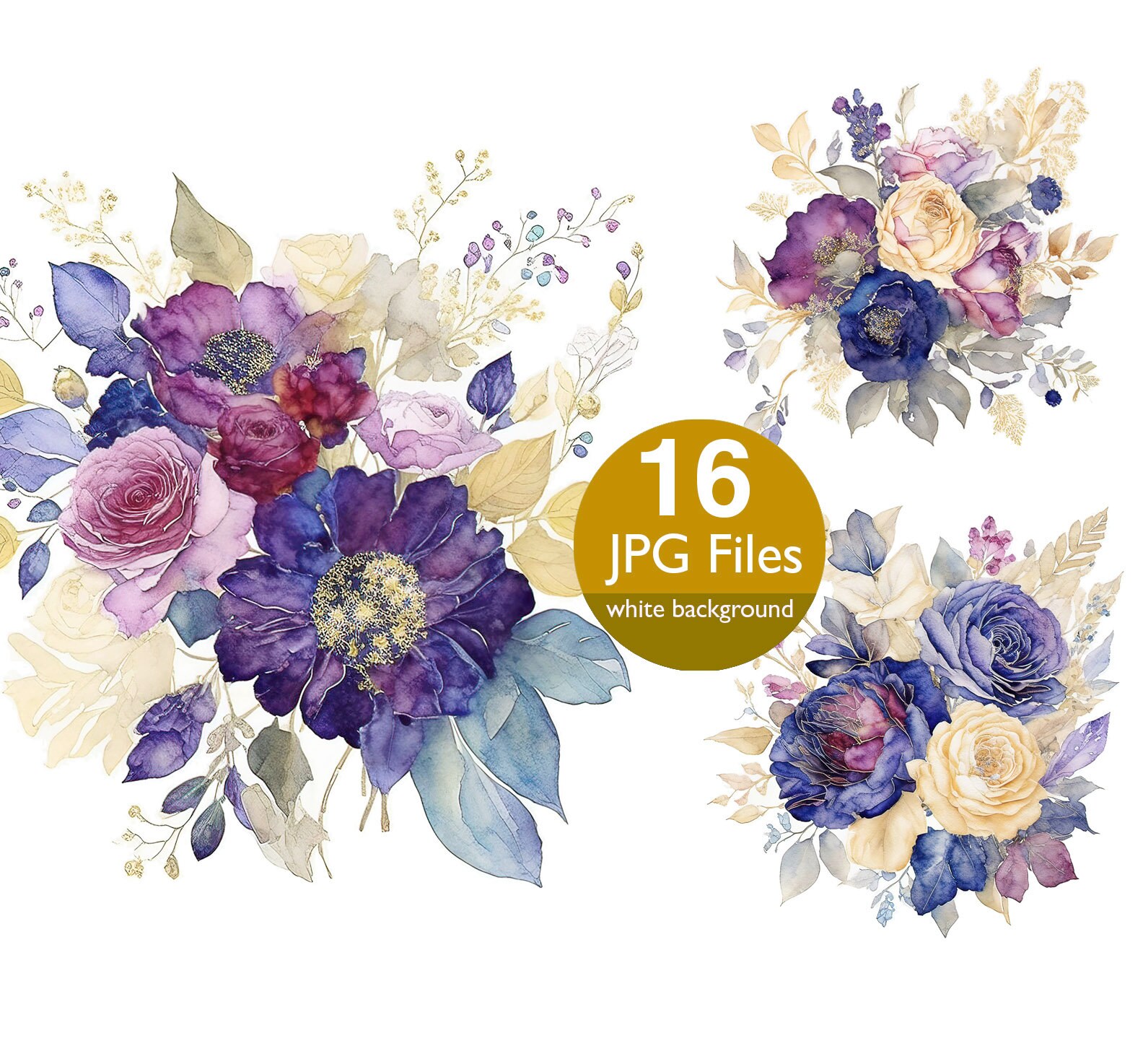 Blue and Gold Floral Clip Art JPG Blue Roses Flower - Etsy