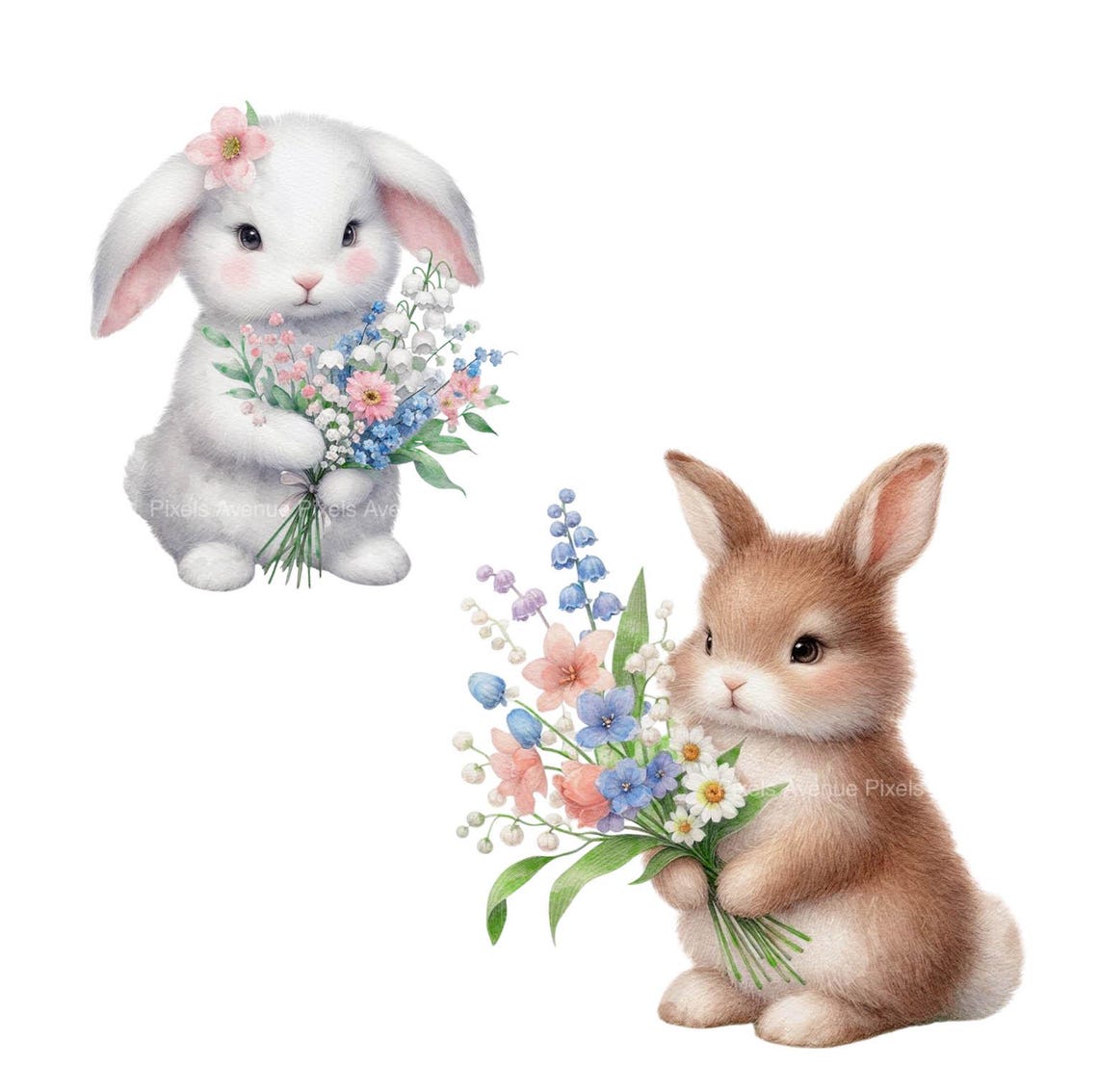 Easter Bunny Clip Art, PNG Cute Rabbit Bunny With Flower Bouquet ...