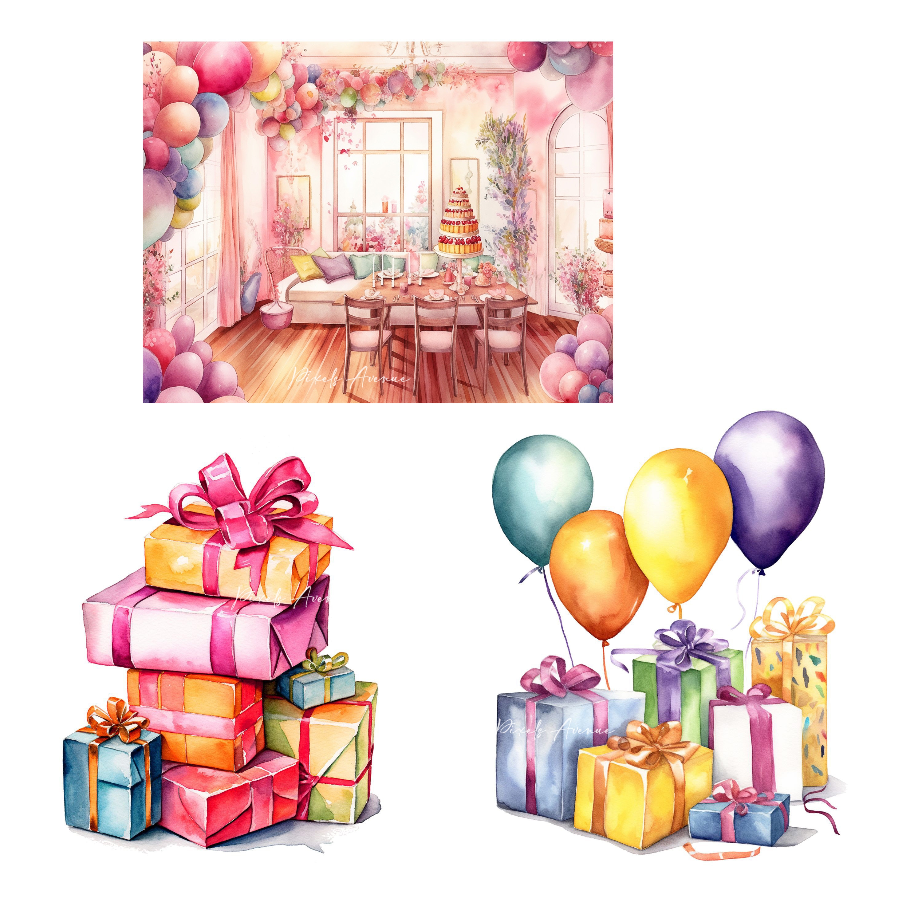 Watercolor Birthday Clip Art JPG Clipart Cake Balloon - Etsy