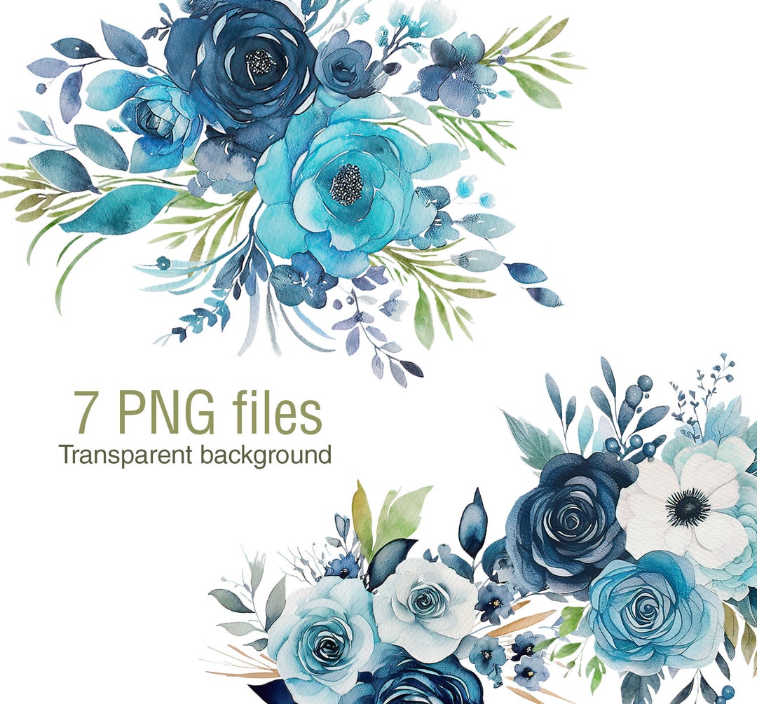 Navy Blue and Turquoise Flower Clip Art, PNG Floral Bouquet Watercolor ...