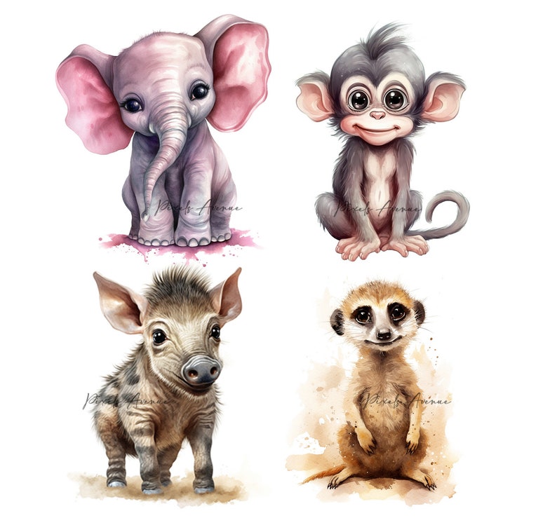 Safari Animals Clip Art JPG Watercolor Clipart Cute Baby - Etsy