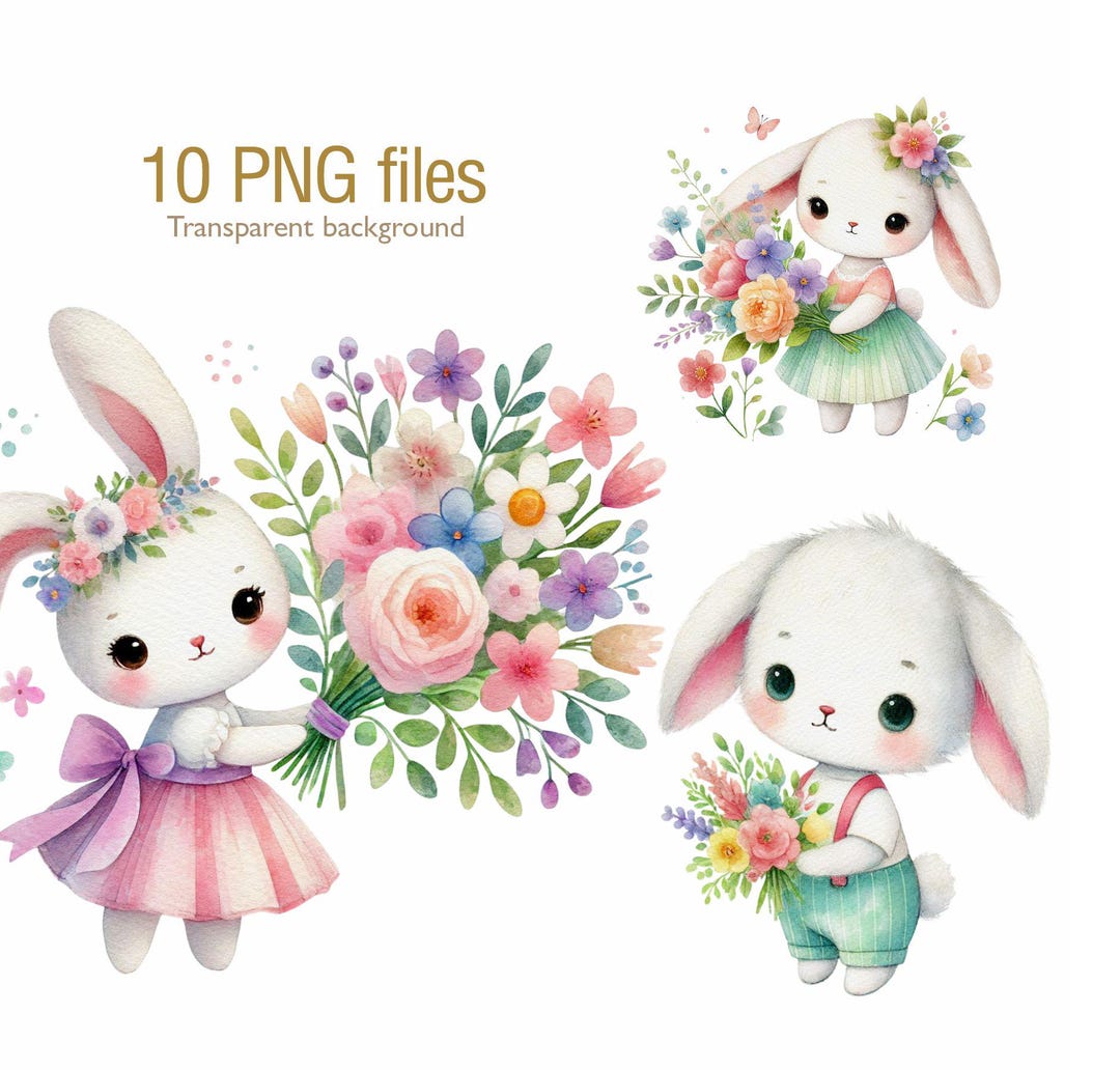 Cute Easter Bunny Clip Art, PNG Cartoon Rabbit Bunny With Flower ...