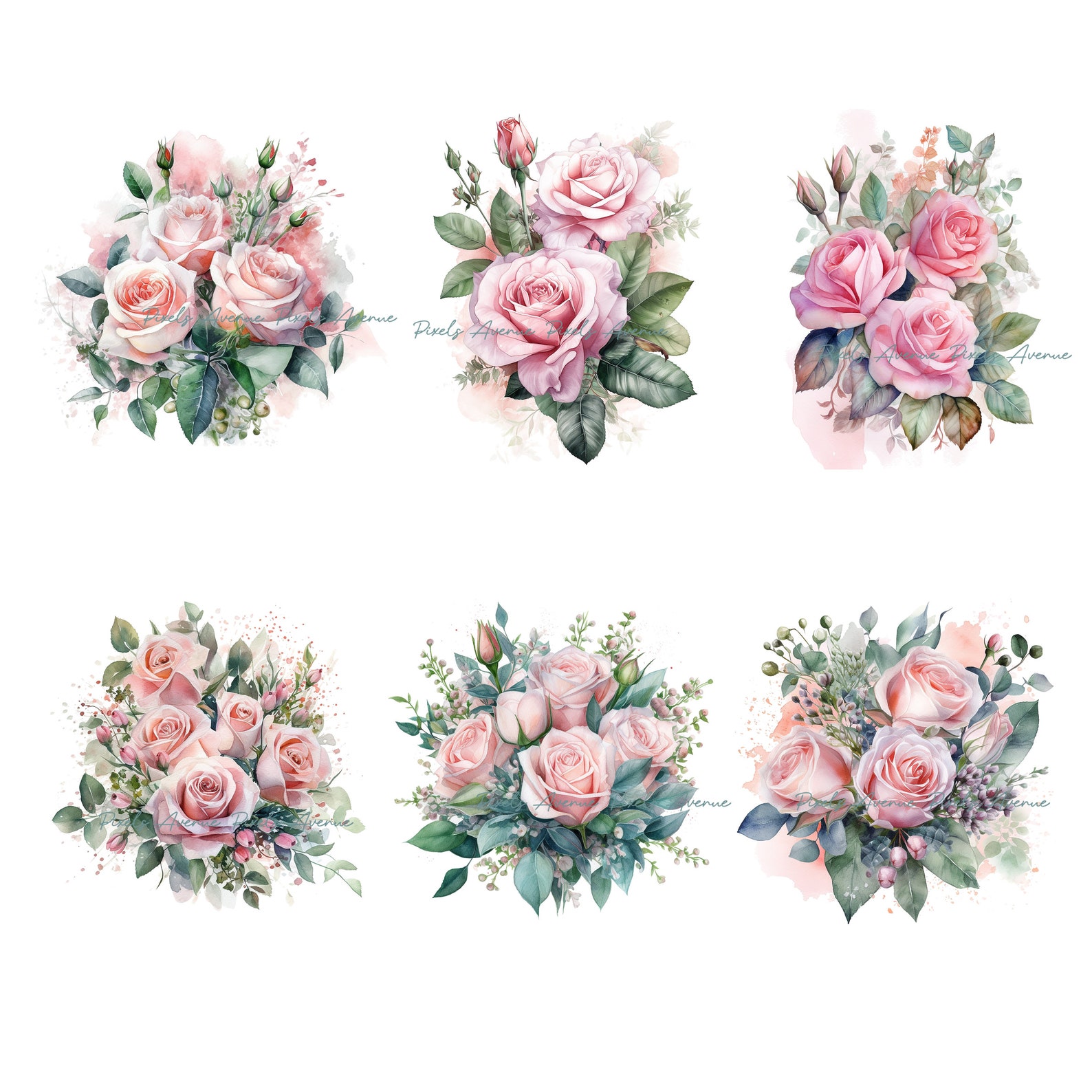 Watercolor Pink Roses Clip Art JPG Floral Bouquet Rose - Etsy