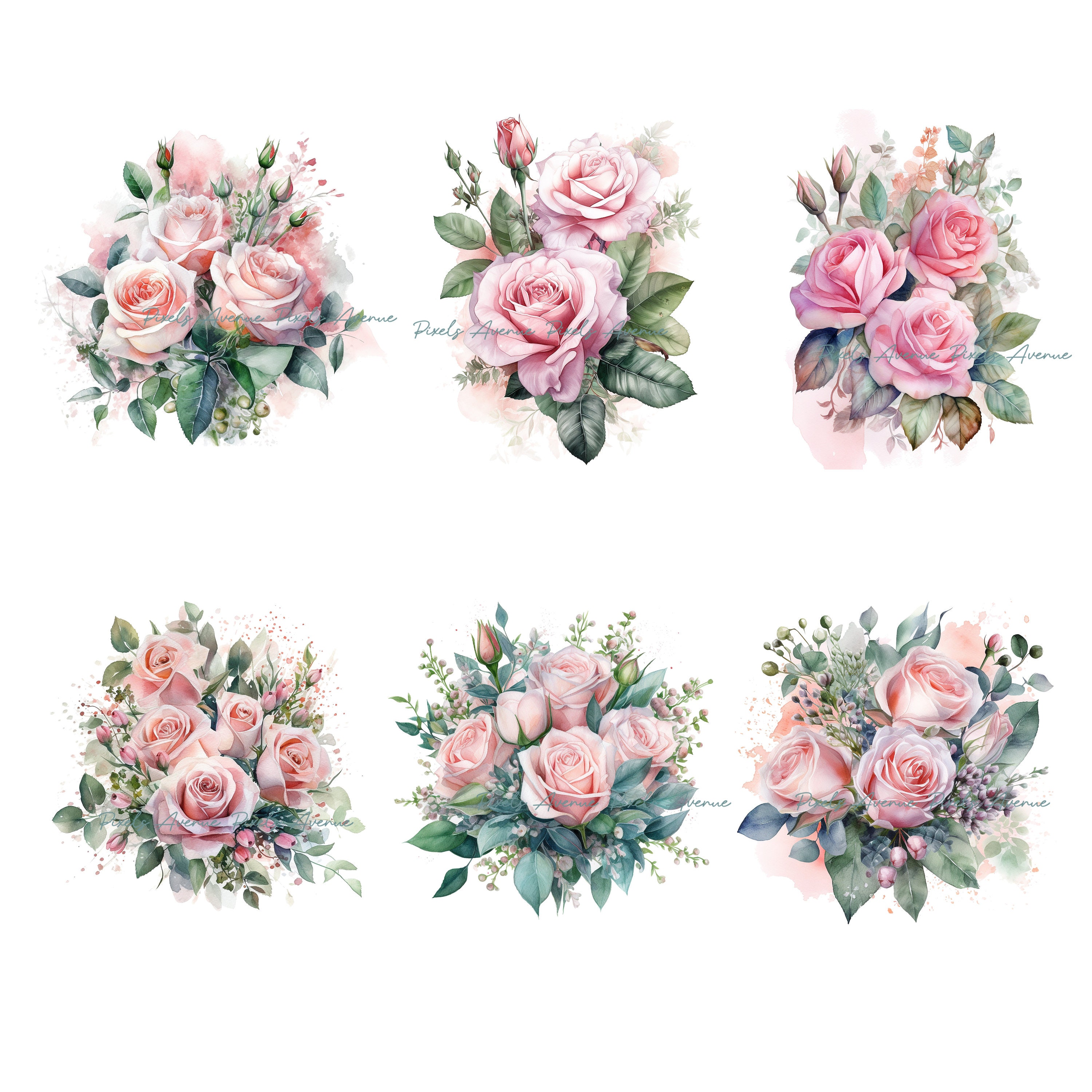 Watercolor Pink Roses Clip Art JPG Floral Bouquet Rose - Etsy