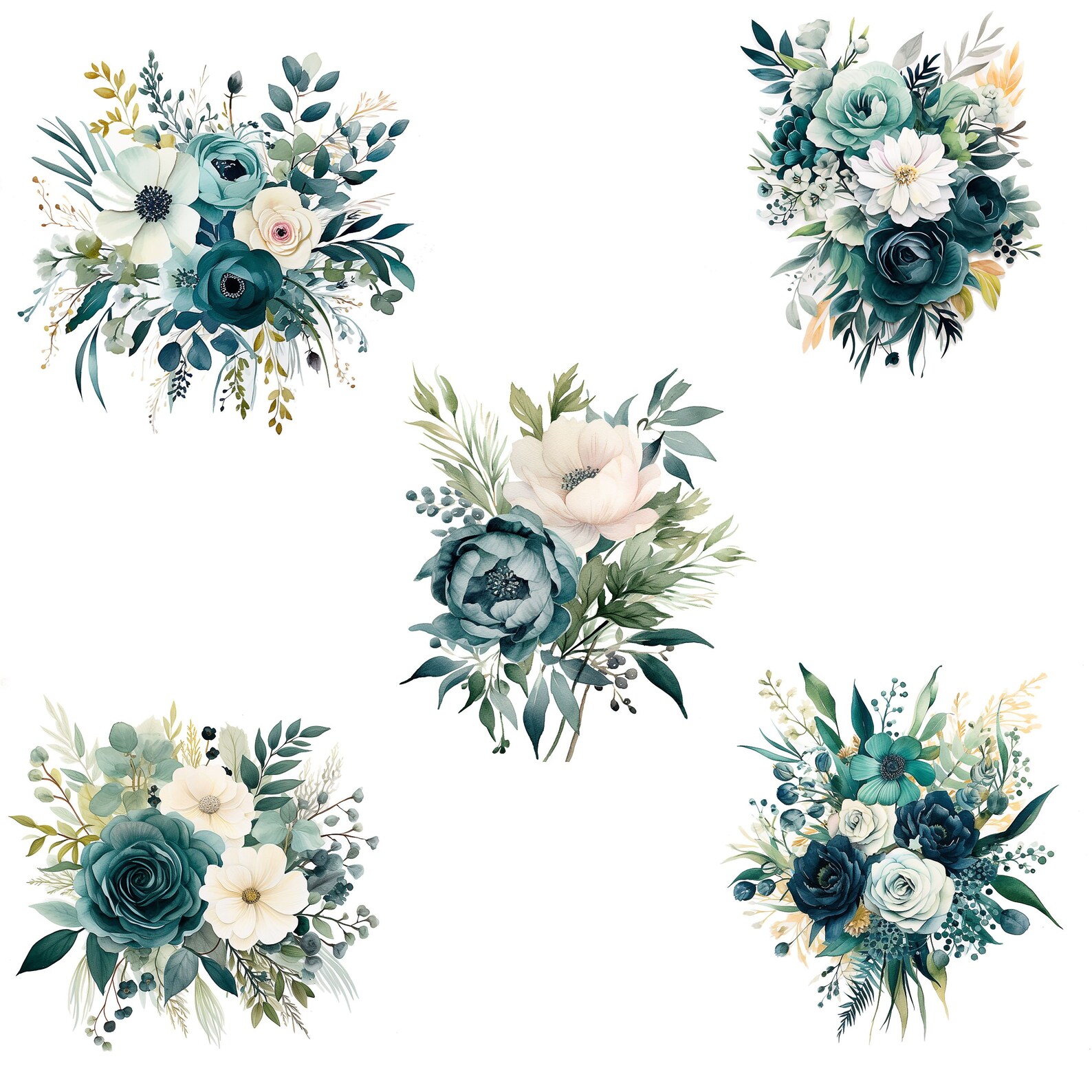 Teal Floral Clip Art JPG Blue Roses Green Flower Watercolor - Etsy