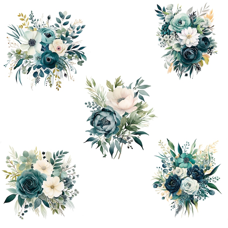 Teal Floral Clip Art JPG Blue Roses Green Flower Watercolor - Etsy