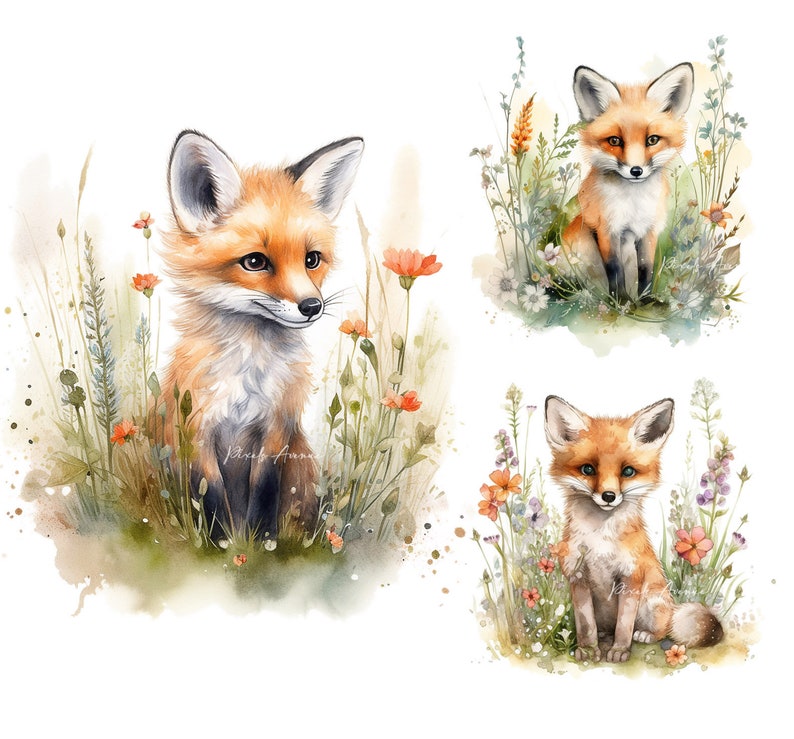 Watercolor Fox Clip Art JPG Watercolor Baby Fox With Flowers - Etsy