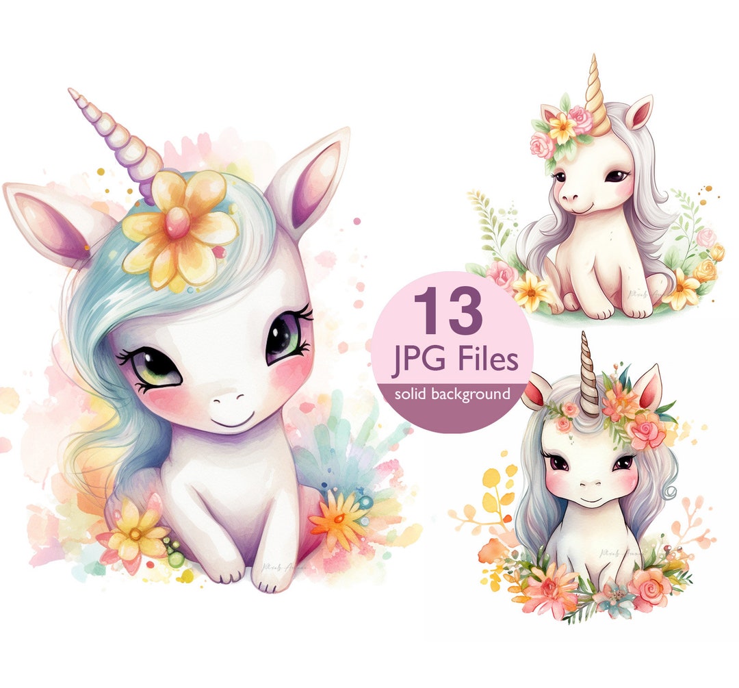 Baby Unicorn Clip Art, JPG Watercolor Clipart, Floral Unicorns Cute ...