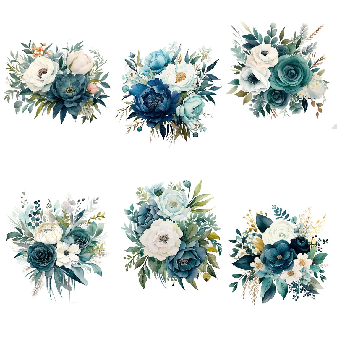 Teal Floral Clip Art JPG Blue Roses Green Flower Watercolor - Etsy