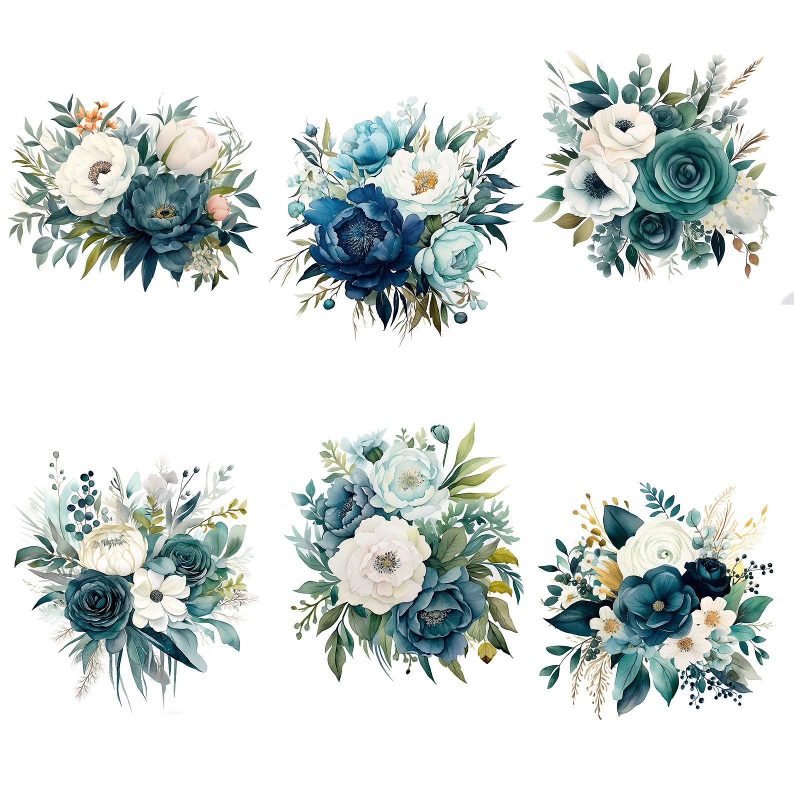 Teal Floral Clip Art JPG Blue Roses Green Flower Watercolor - Etsy