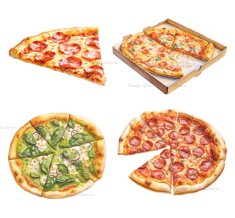 Pizza Clip Art PNG Watercolor Food Clipart Slice of Pizza - Etsy