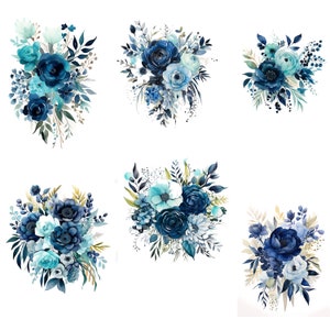 Navy Blue and Turquoise Flower Clip Art, JPG Floral Bouquet Watercolor ...