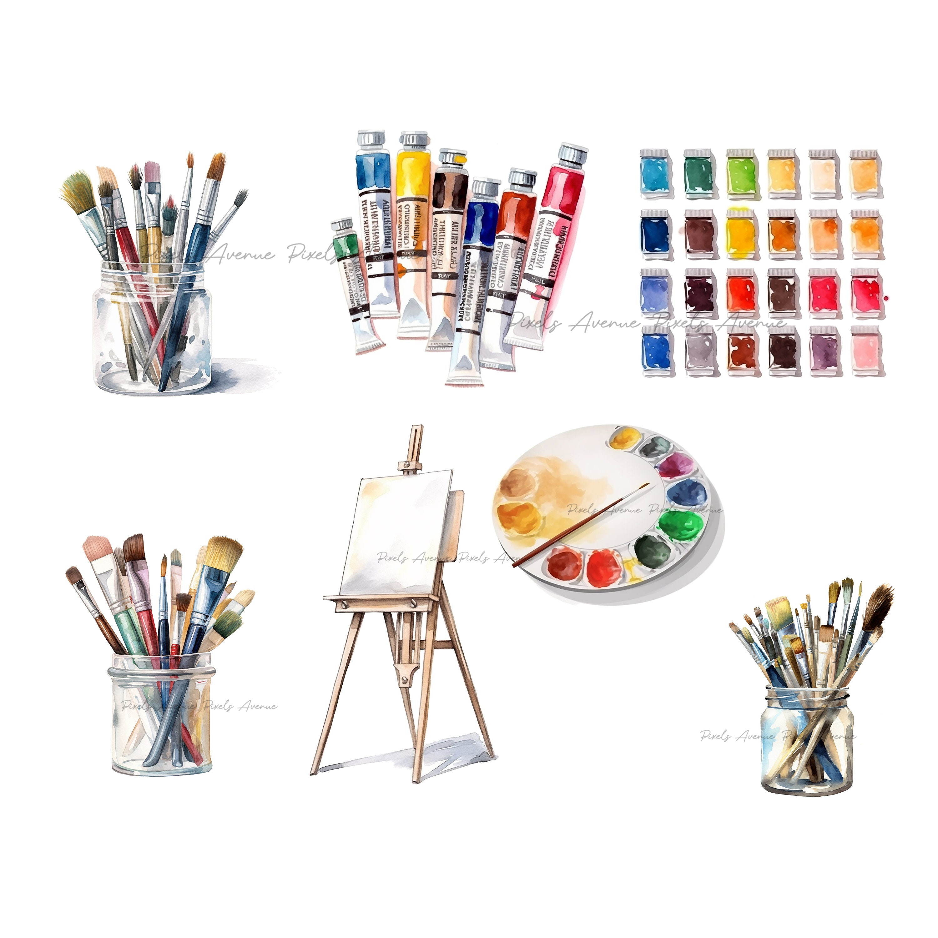 Watercolor Art Supplies Clipart: Artist Tools, Scrapbook Graphics (JPG ...