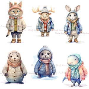 Cute Animals in Winter Clothes Clip Art, JPG Watercolor Winter Animals ...