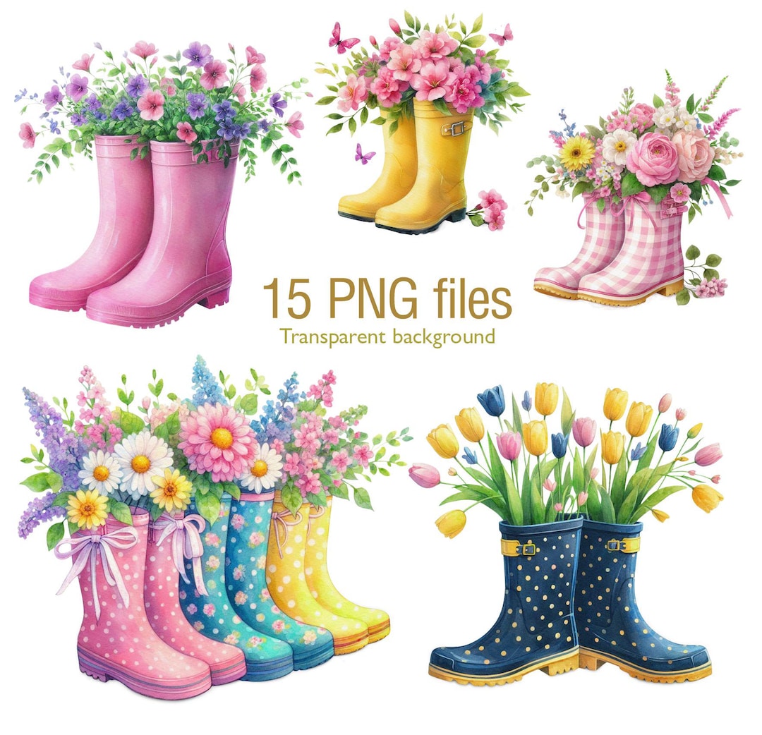 Floral Garden Boots Clipart: Spring Flower PNG Graphics (digital ...