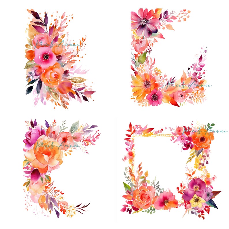 Floral Frames Clip Art: Orange & Pink Flower Borders (PNG, JPG) - Etsy