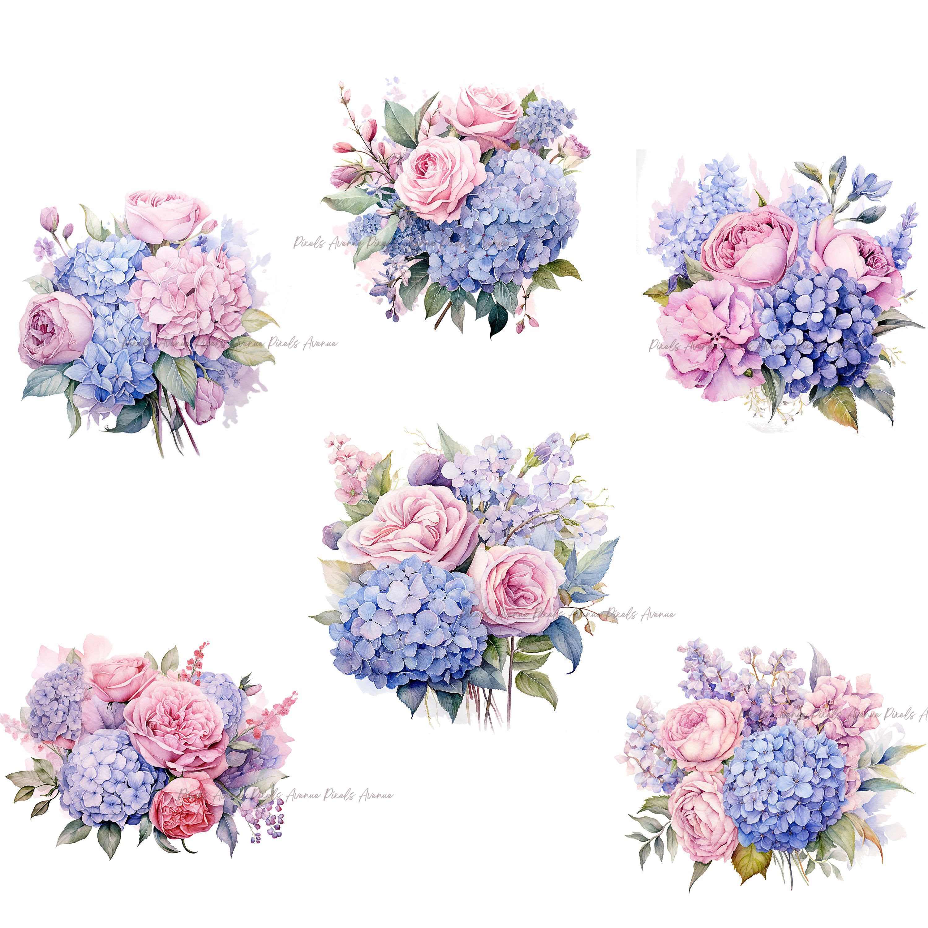 Hydrangea and Roses Clip Art, JPG Blue Pink Hydrangeas, Flower ...
