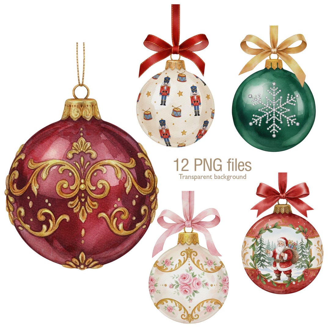 Vintage Christmas Ornament Clipart, Holiday Baubles With Bows, Gold ...