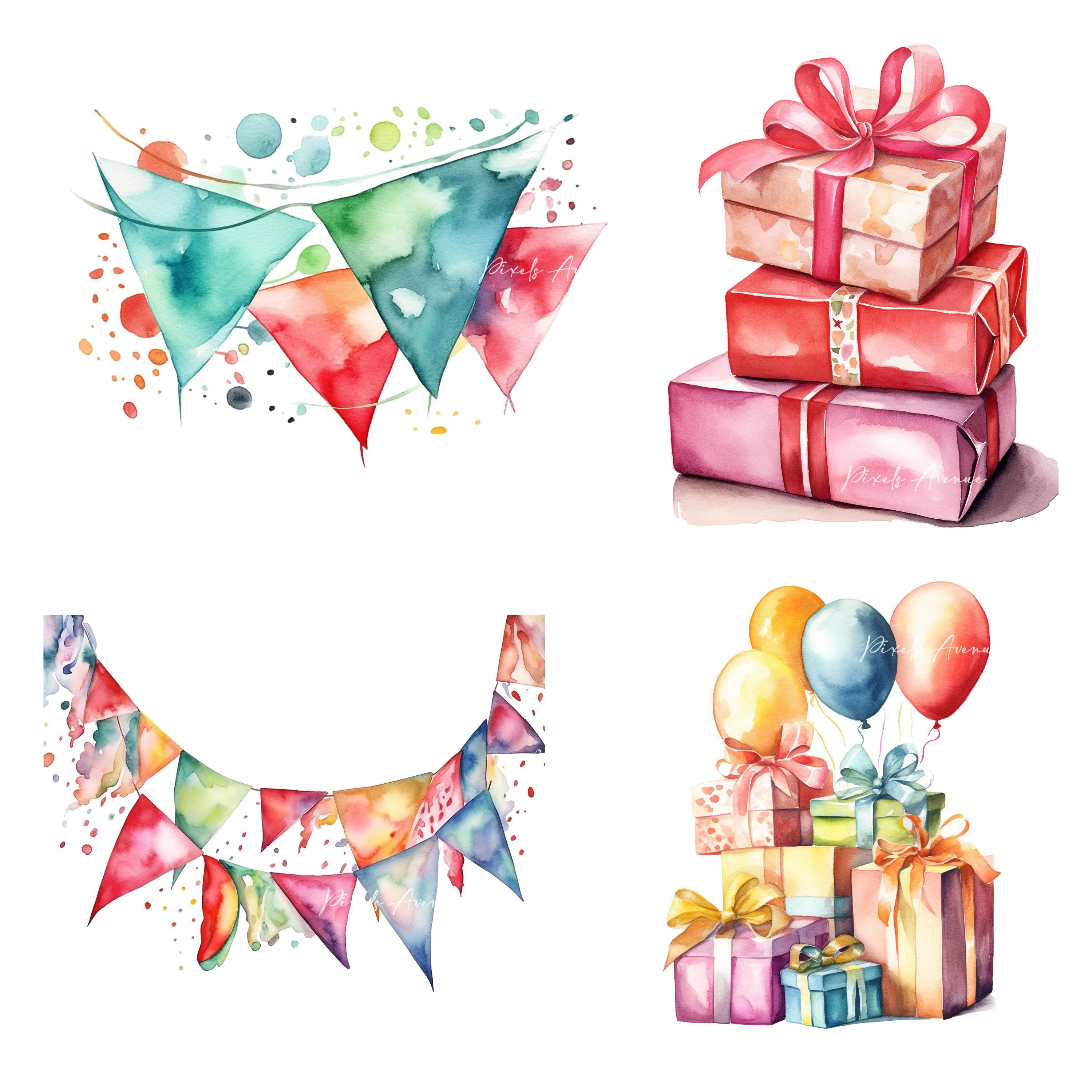 Watercolor Birthday Clip Art JPG Clipart Cake Balloon - Etsy