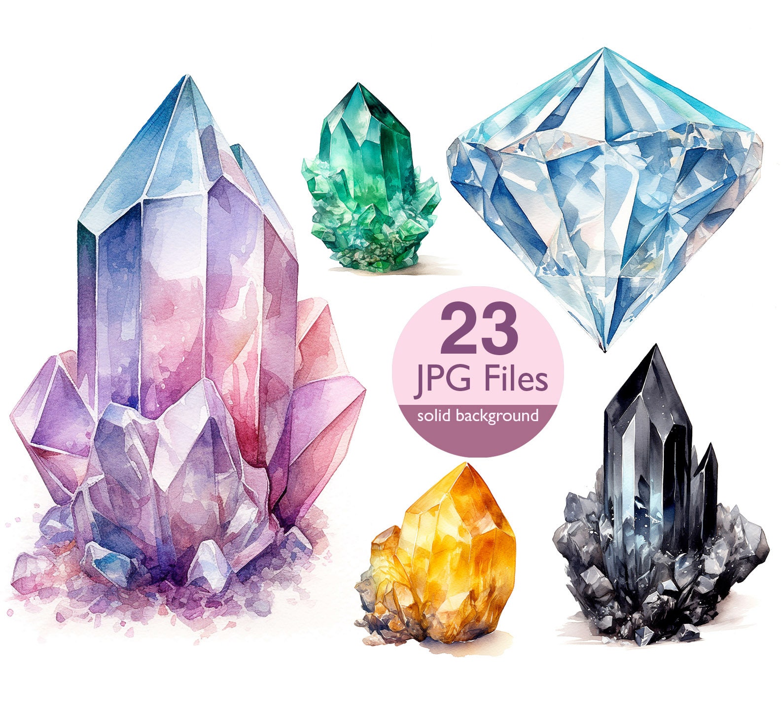 Crystal Gemstone Clip Art, JPG Watercolor Clipart, Crystals Digital ...