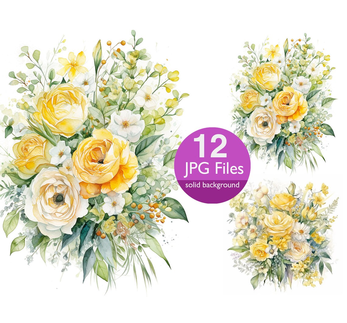 Yellow Floral Clip Art JPG Flower Bouquet Watercolor Clipart - Etsy