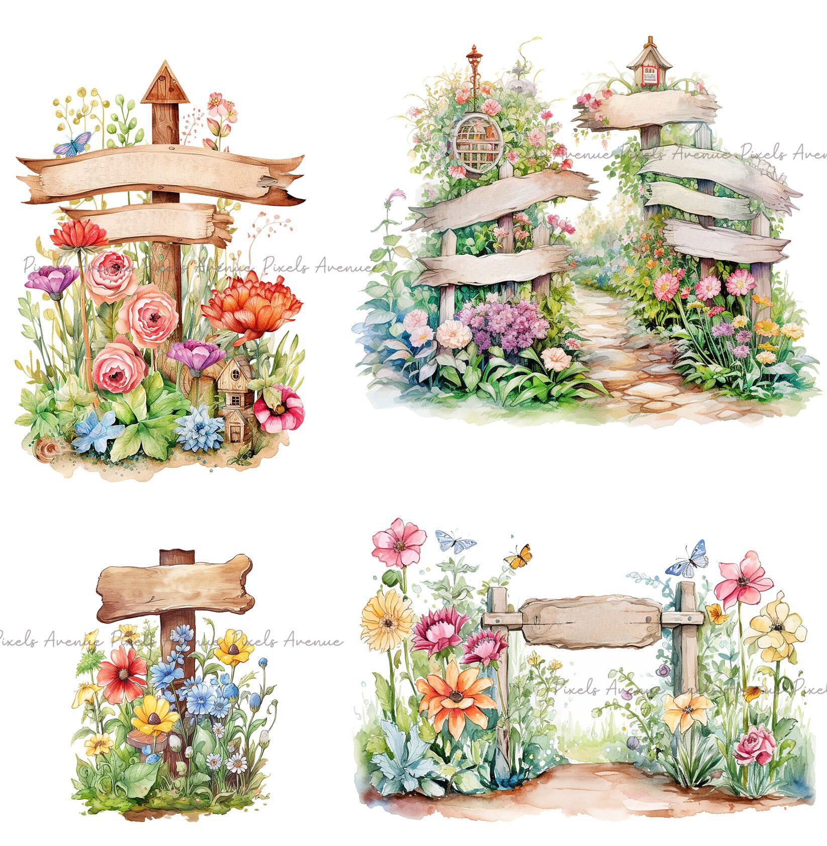Garden Sign Clipart, JPG Watercolor Clipart, Rustic Garden, Planner ...