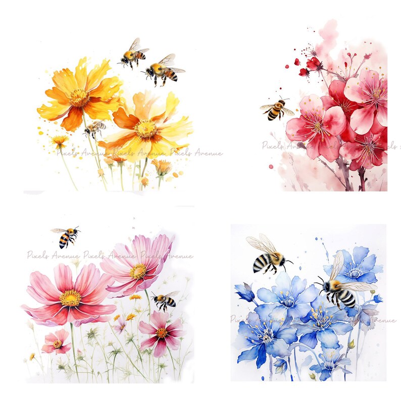 Bees and Flowers Clip Art JPG Floral Bouquet Bee Flower - Etsy