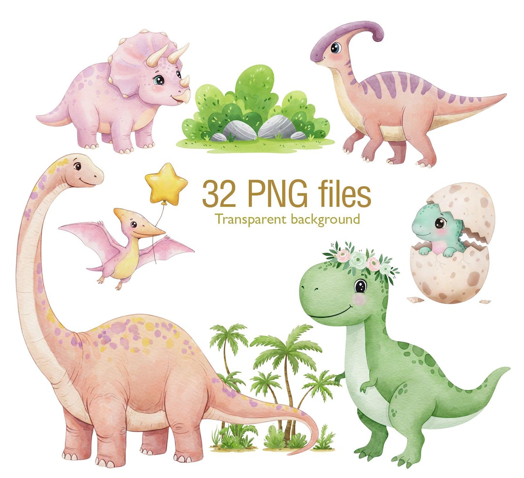 Watercolor Baby Dinosaurs Clipart Dinosaur – Cute Dino PNG for Nursery ...