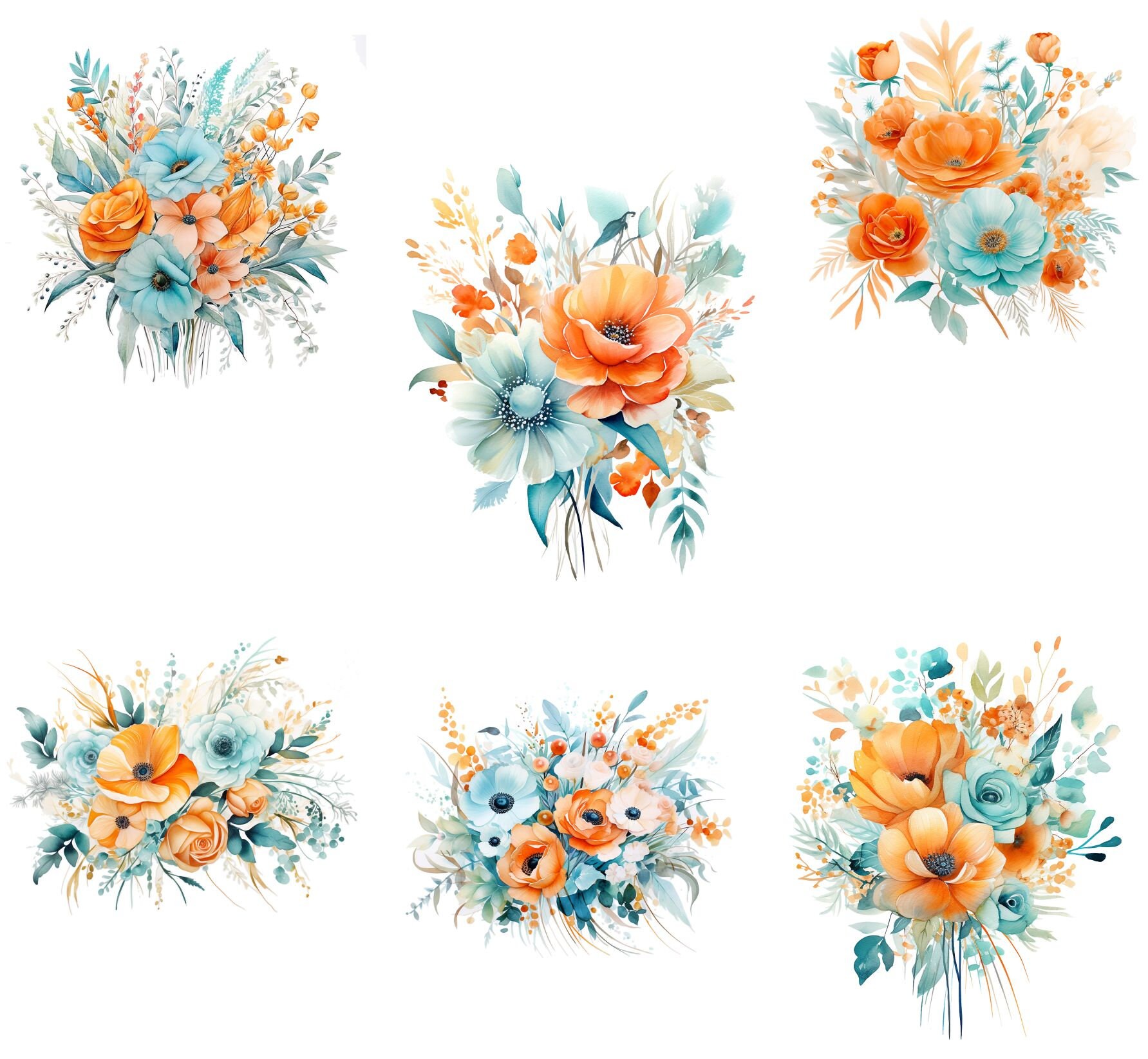 Orange and Turquoise Floral Clip Art JPG Flower Bouquet - Etsy